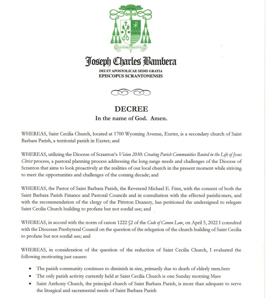 Bishop Bambera’s decree for the relegation (closure) of Saint Cecilia ...